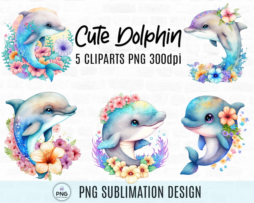 5 Cute Baby Dolphin Big Eye Floral Flowers, Dolphin Clipart, Dolphin ...
