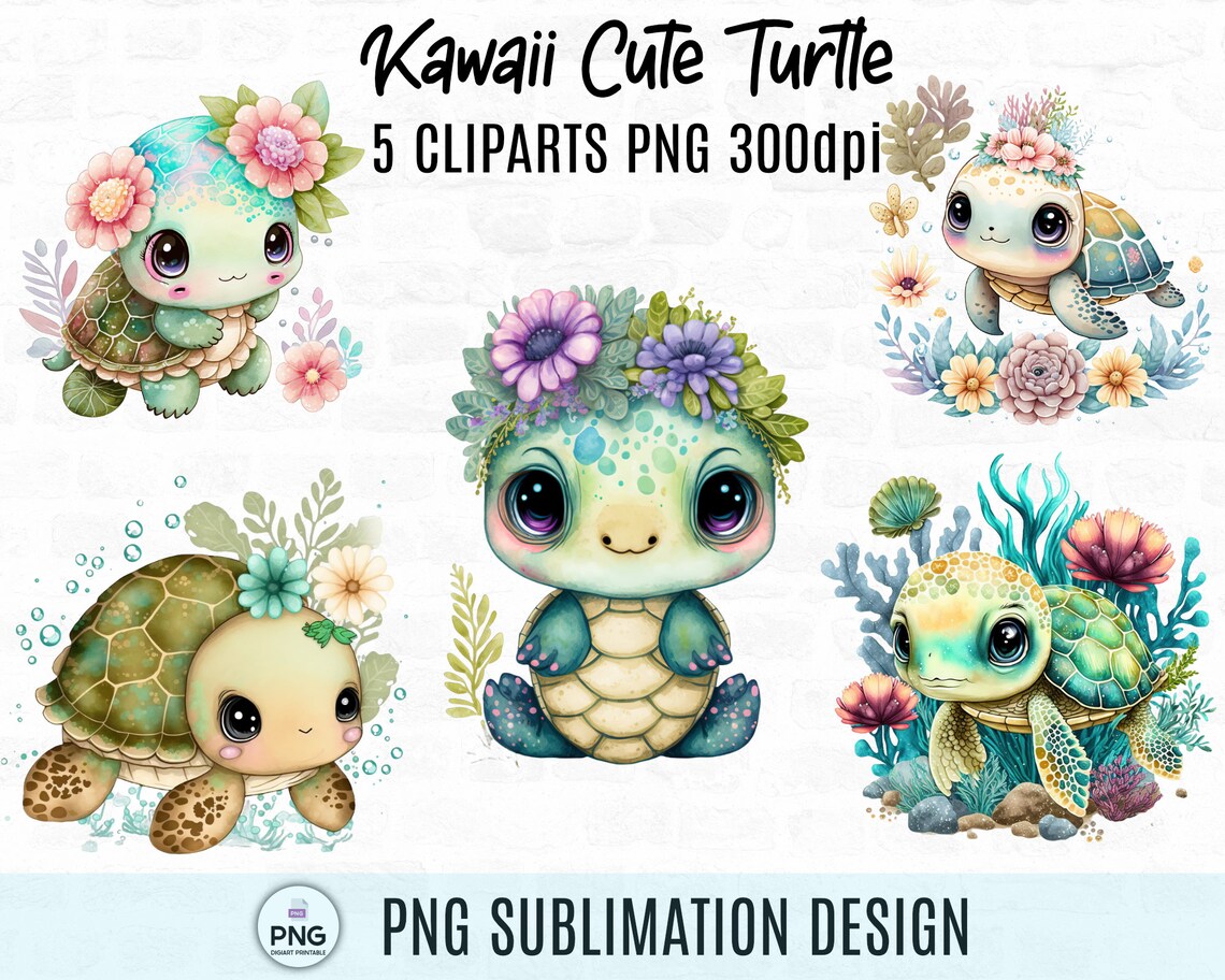 5 Cute Baby Sea Turtle Floral Flower Sea Turtle Clipart Sea - Etsy