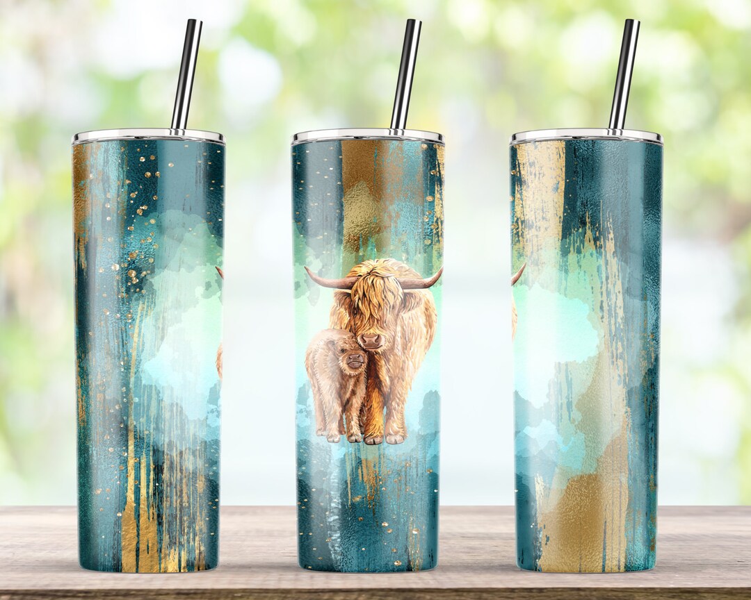 Bull Cow Teal and Gold Brush Strokes 20oz Skinny Tumbler Subliamtion ...