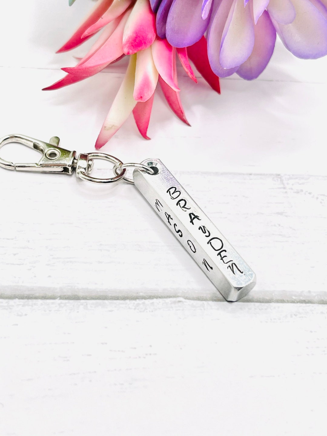 Four-sided Hand-stamped Family Tree Keychain Custom Key Holder Monogram ...