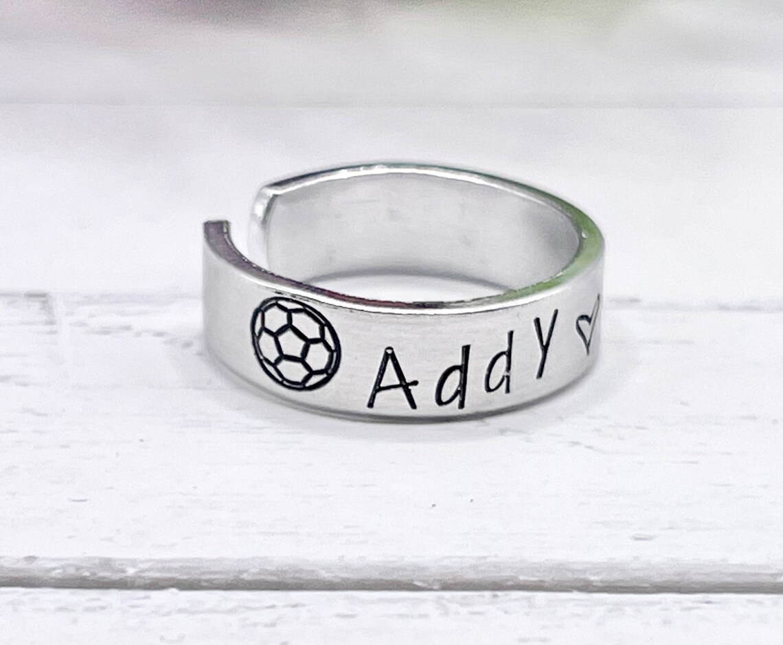 Sports Theme Rings Personalized Rings Hand Stamped. Soccer | Etsy