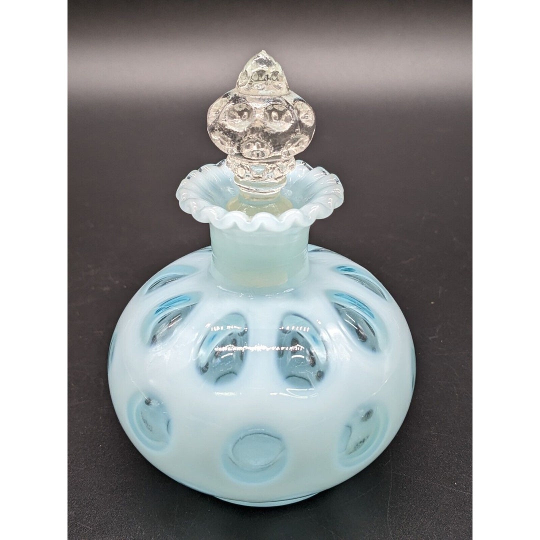 Fenton Blue Opalescent Coin Dot Glass Perfume Bottle King Crown Stopper ...