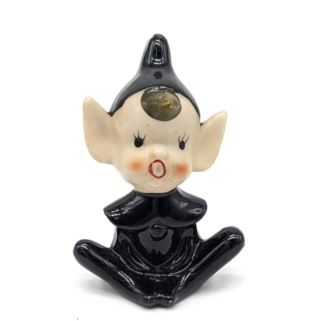 Vintage Pixie Elf Sprite Figurine Black Outfit Sitting Porcelain Japan ...