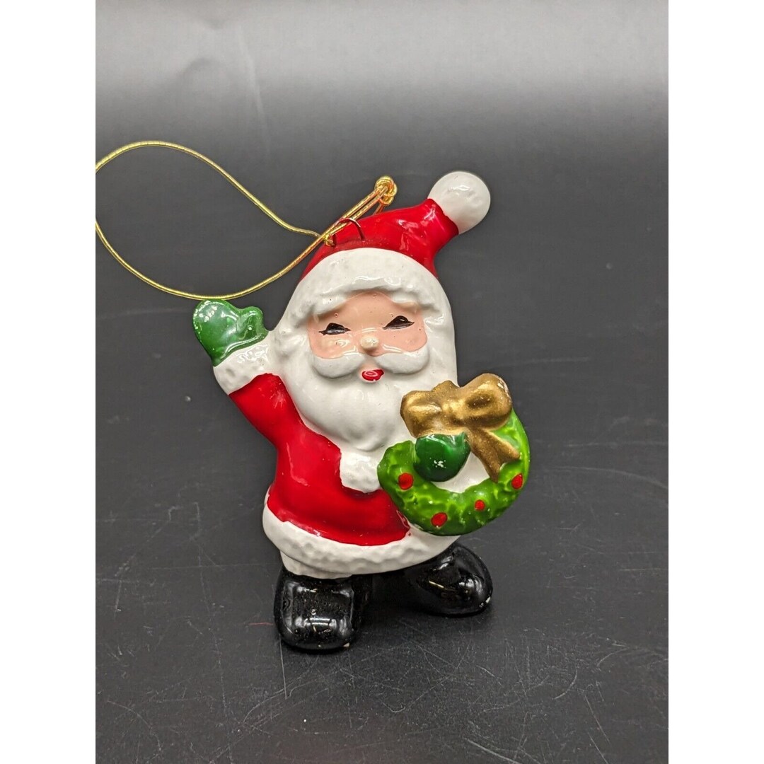 Vintage Christmas Ceramic Santa Claus Ornament Holding Wreath Mini ...