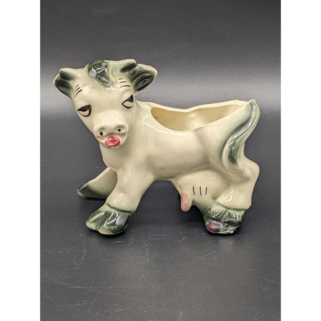 Vintage Ceramic Cow Planter Black White - Etsy