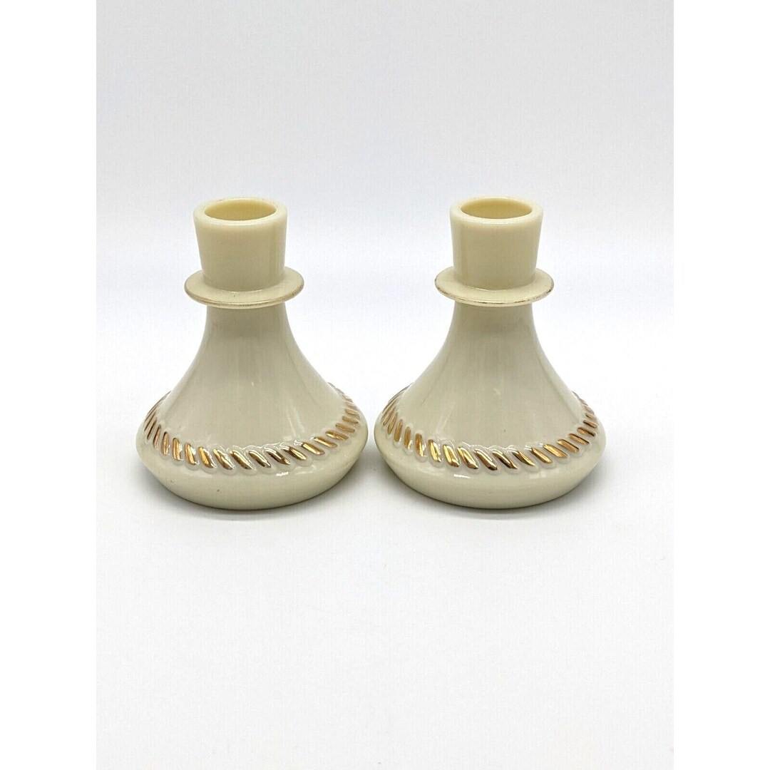 Vintage Wheatonware Custard Glass Candlesticks Holders Ivory Gold Taper ...