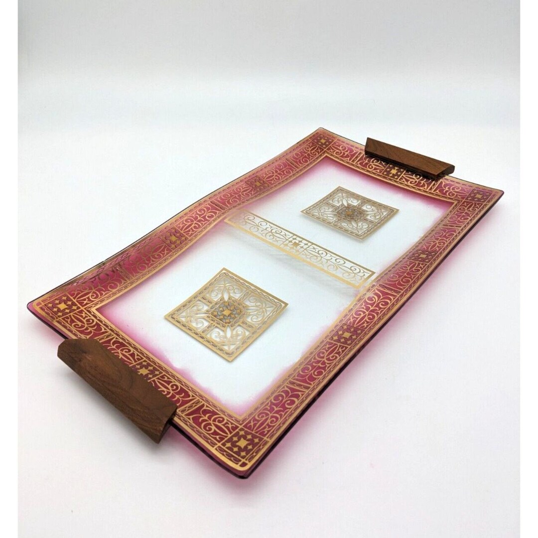 Vintage MCM Glass Serving Tray With Teak Wood Handles Curved Gold ...