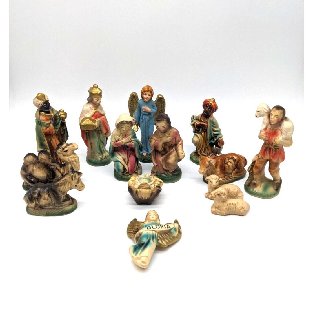 Vintage Christmas Paper Mache Nativity Set 14 Piece Set Composite Japan ...