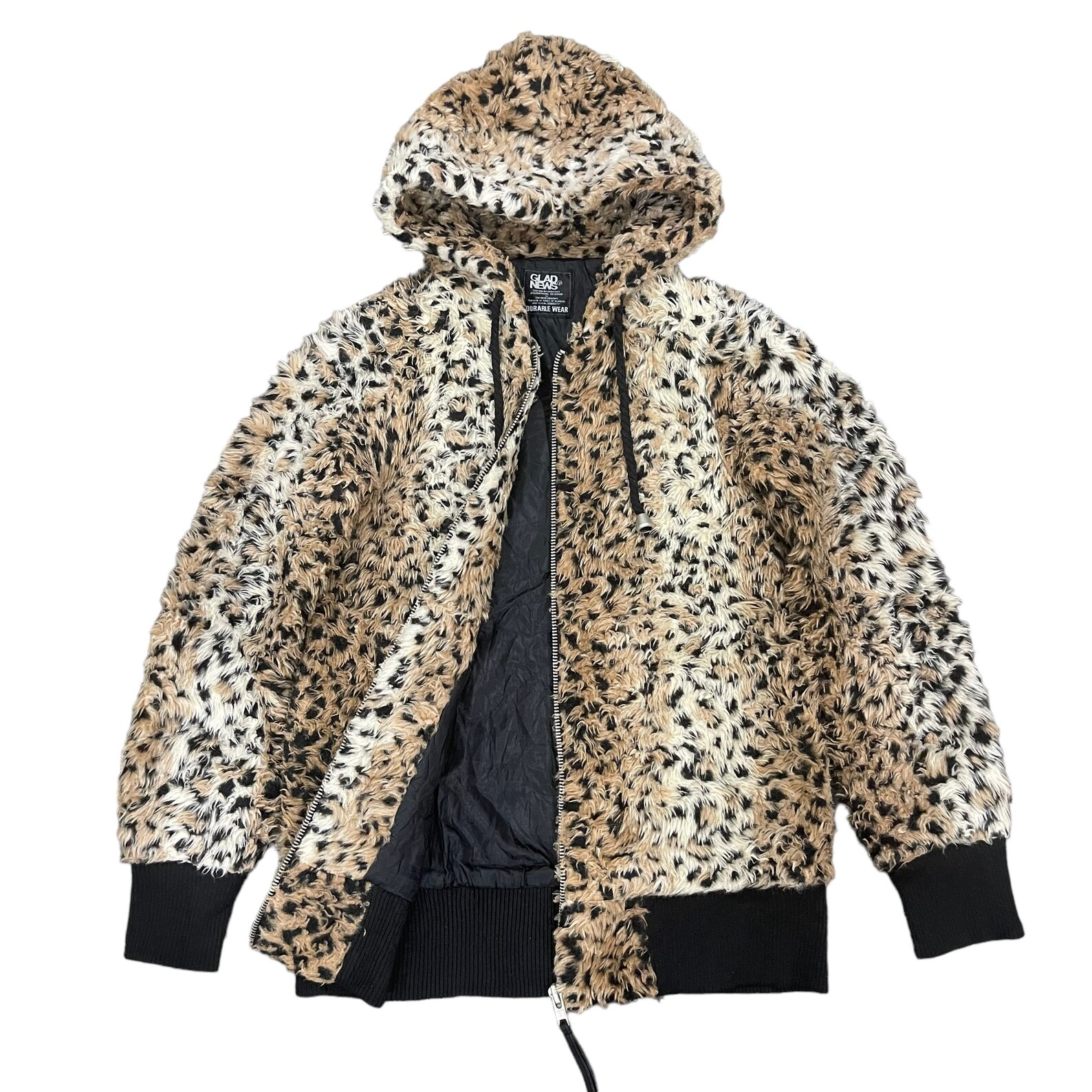 Vintage Designer Leopard Print Faux Fur Shearling Hoodie Zipper Jacket ...