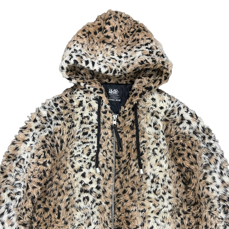 Vintage Designer Leopard Print Faux Fur Shearling Hoodie Zipper Jacket ...