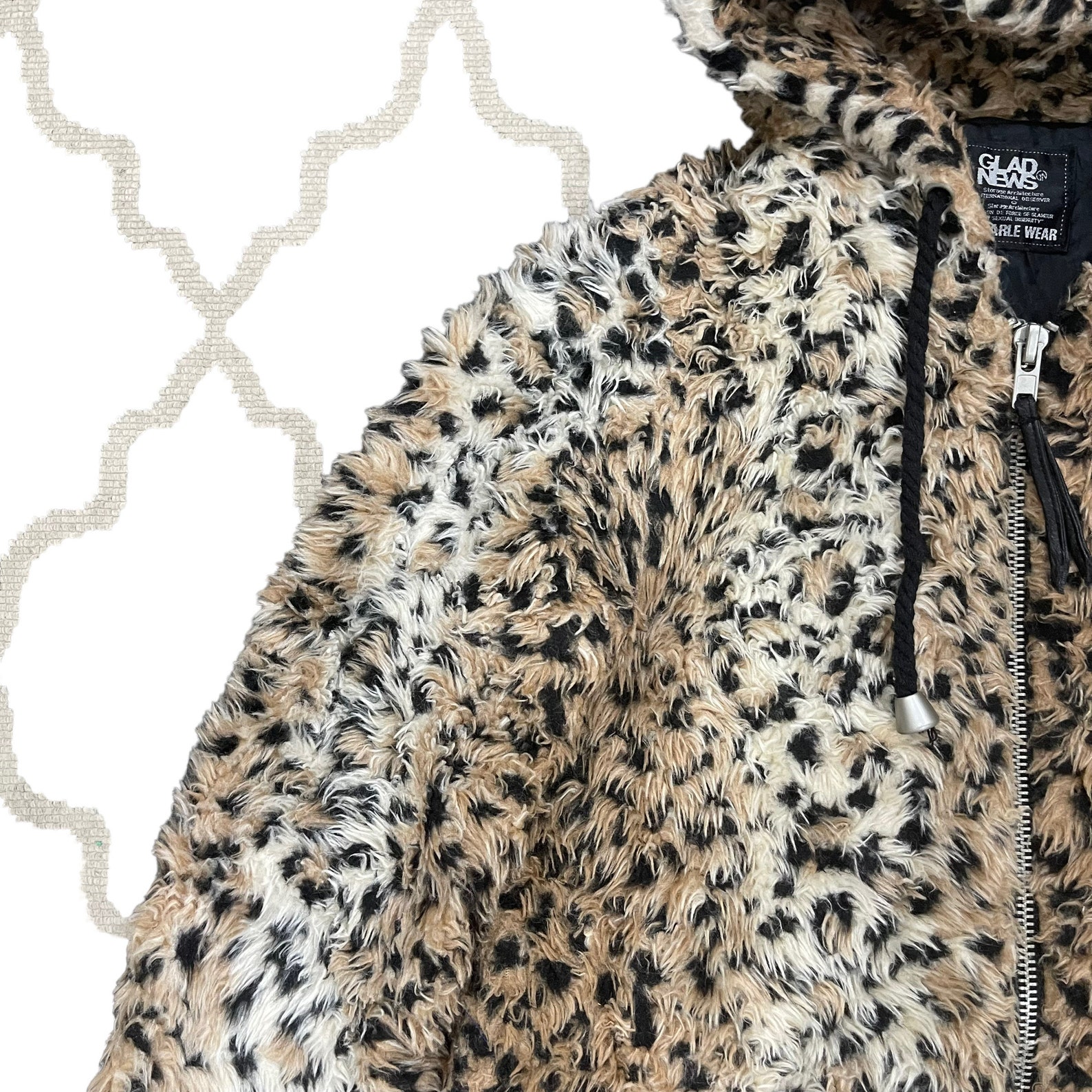 Vintage Designer Leopard Print Faux Fur Shearling Hoodie Zipper Jacket ...
