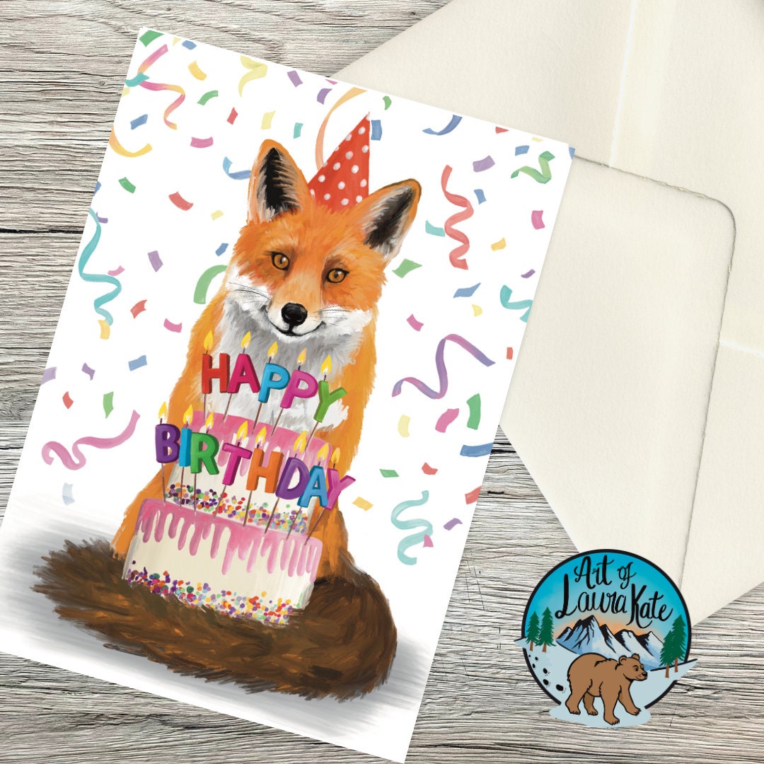 Fox A6 Birthday Card - Handmade Card of Fox in a Party Hat With a ...