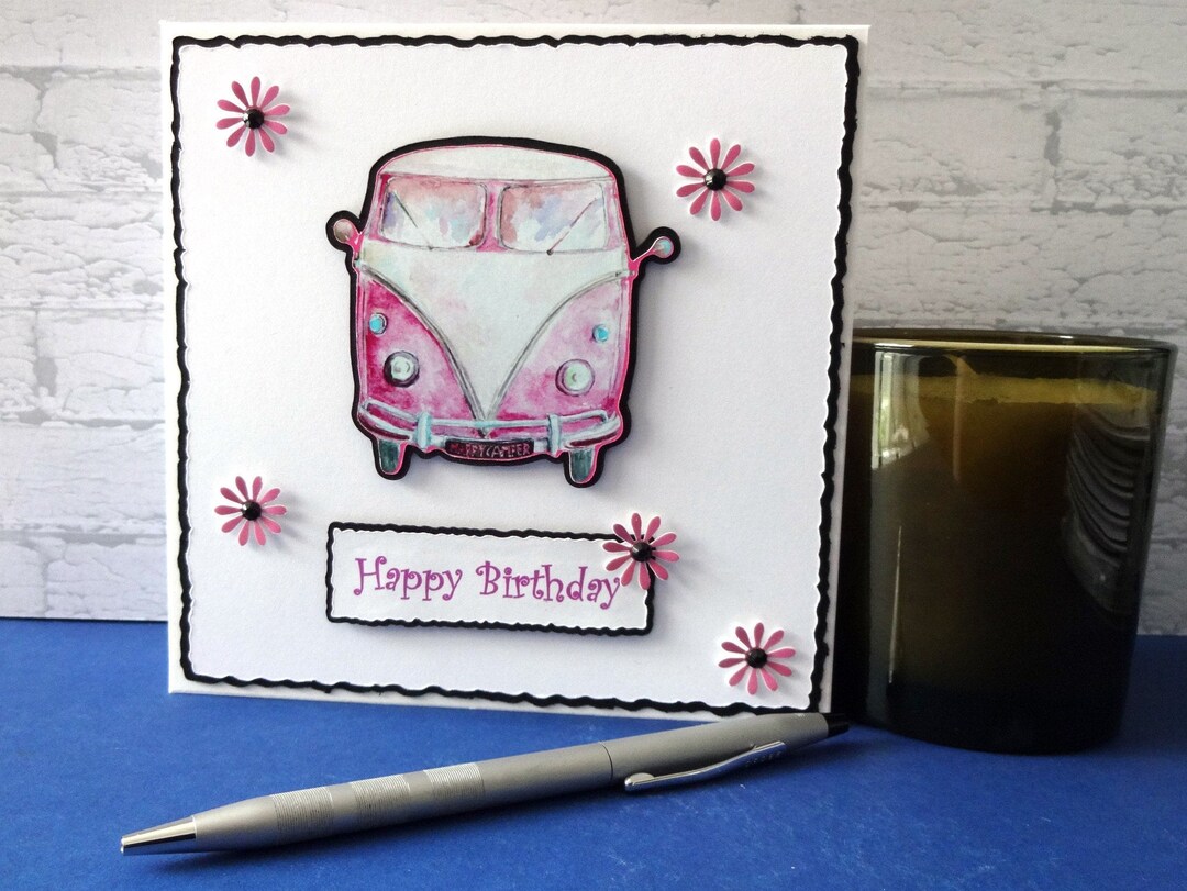 Pink Campervan Birthday Card Handmade Card 3d Campervan And Daisies