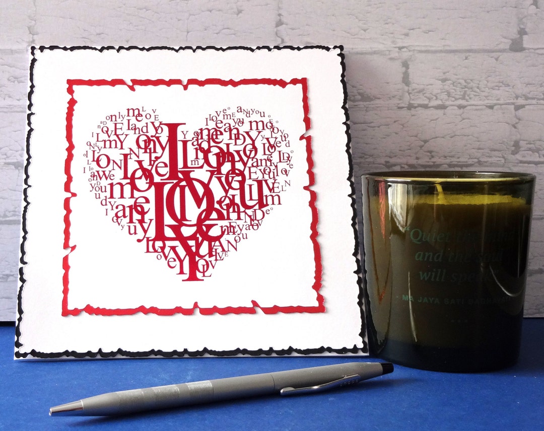 Hand Foiled Word Heart Card, Handmade Card, Red Foiled Word Heart ...