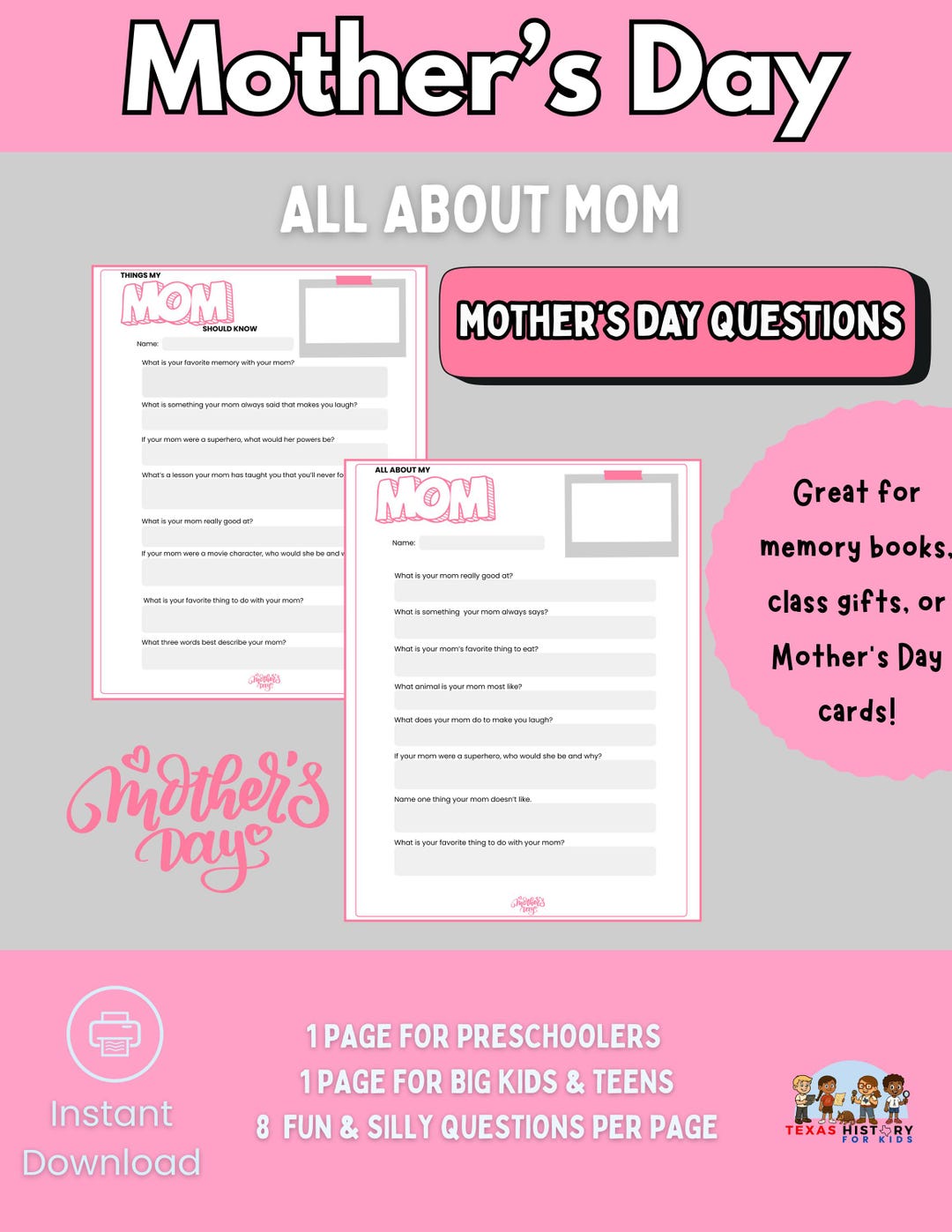 Mother’s Day “all About Mom” Printable | Keepsake Gift | Questionnaire ...