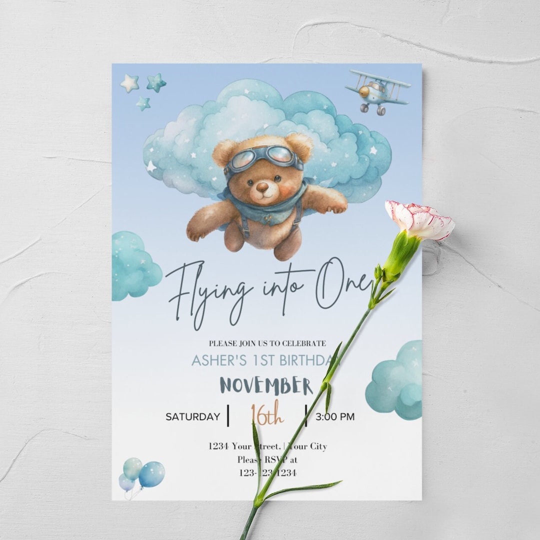 Cute Teddy Bear Editable Digital Birthday Invitation Card, First ...