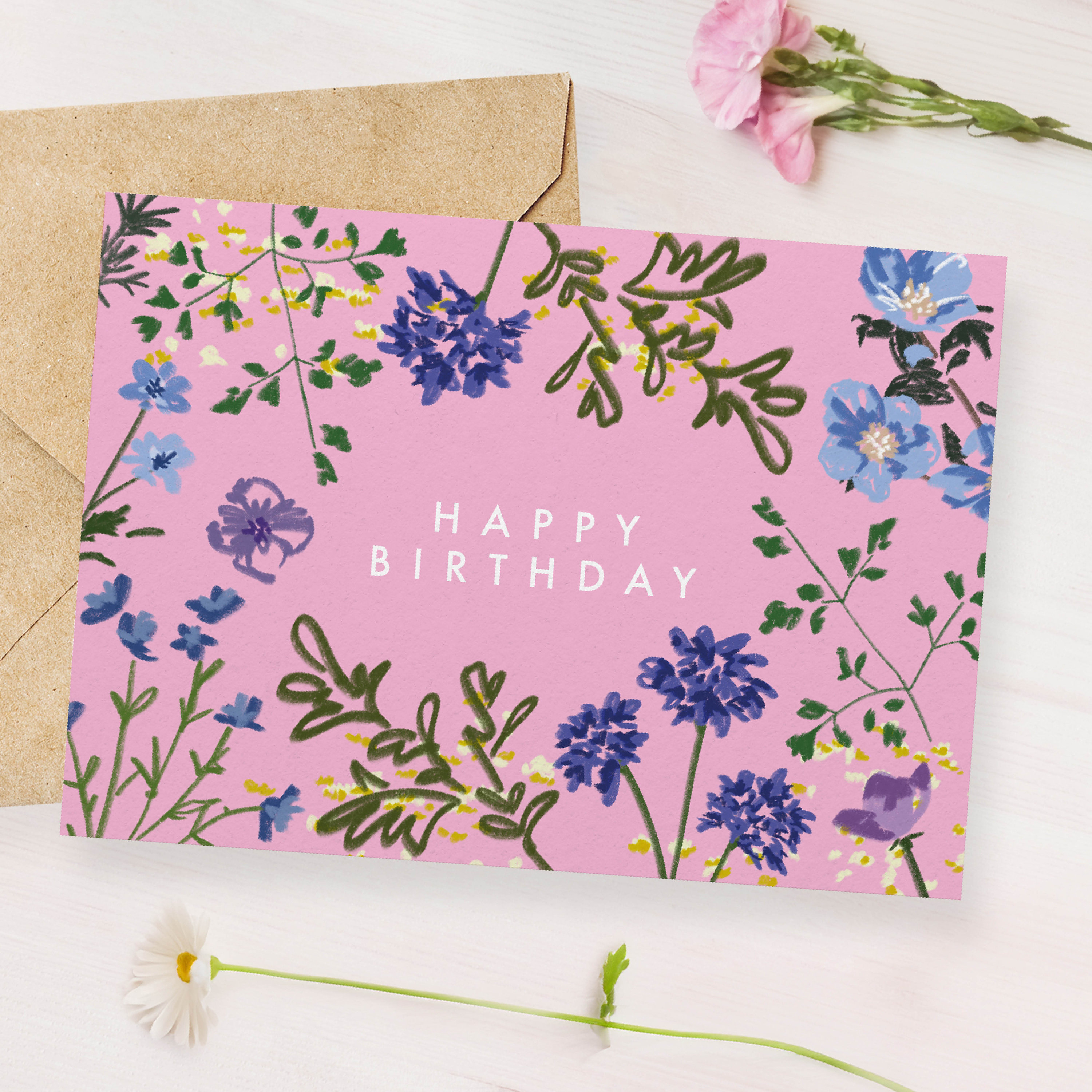 Pink Happy Birthday Card, Bright Colourful Floral Botanic Greeting Card ...