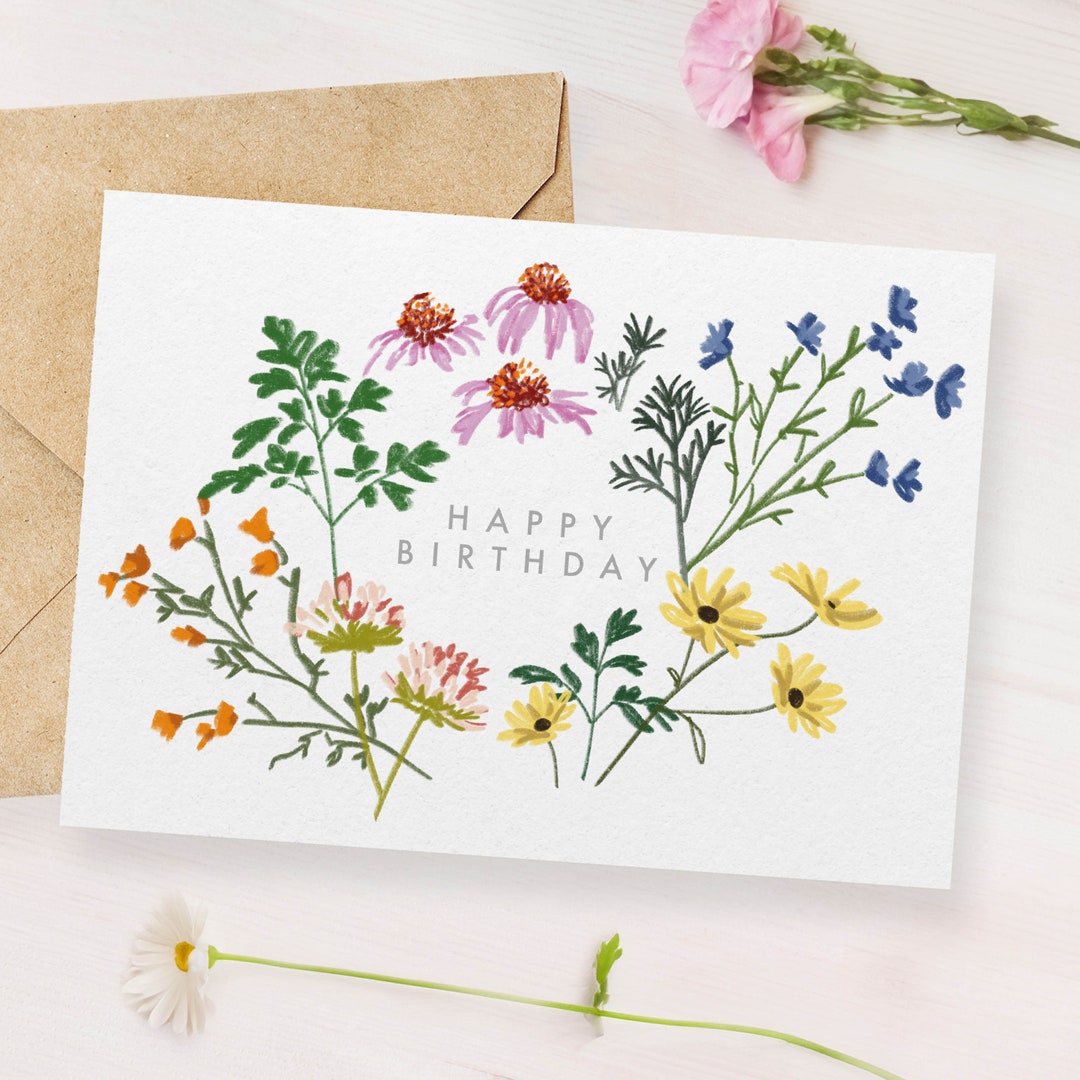 Floral Happy Birthday Greeting Card, Featuring Wildflowers & Pretty ...