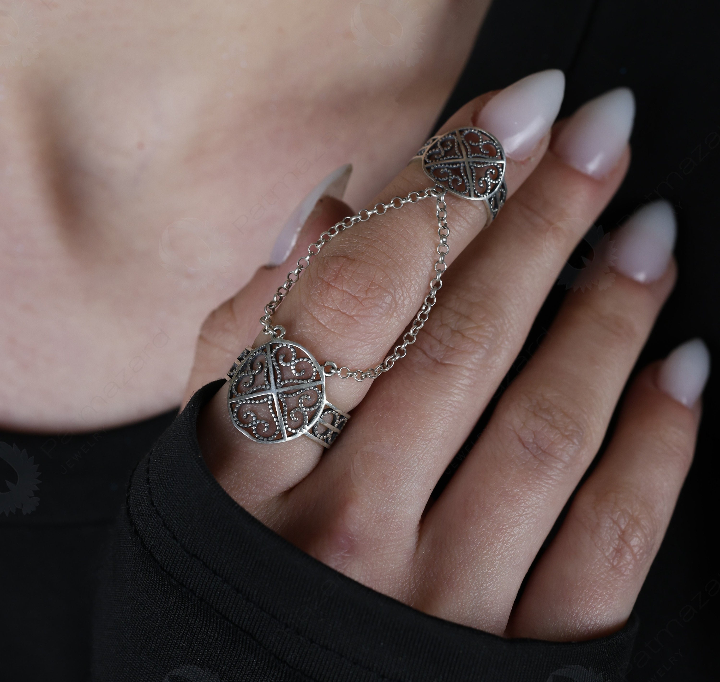 Double Rings Hearts /chains Linked Stacking Rings /two Silver Rings ...