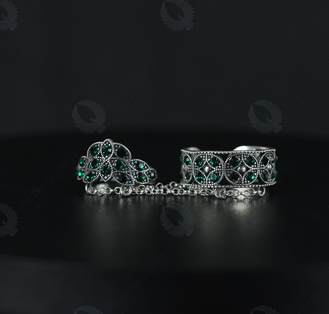 Double Rings With Chain / Stacking Rings / Two Silver Rings / Green ...