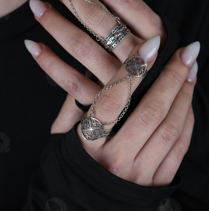 Double Rings Hearts /chains Linked Stacking Rings /two Silver Rings ...