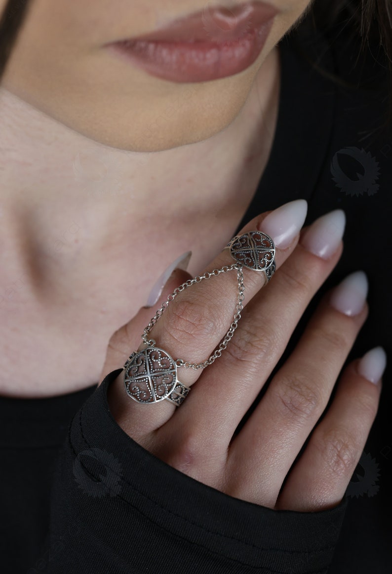 Double Rings Hearts /chains Linked Stacking Rings /two Silver Rings ...