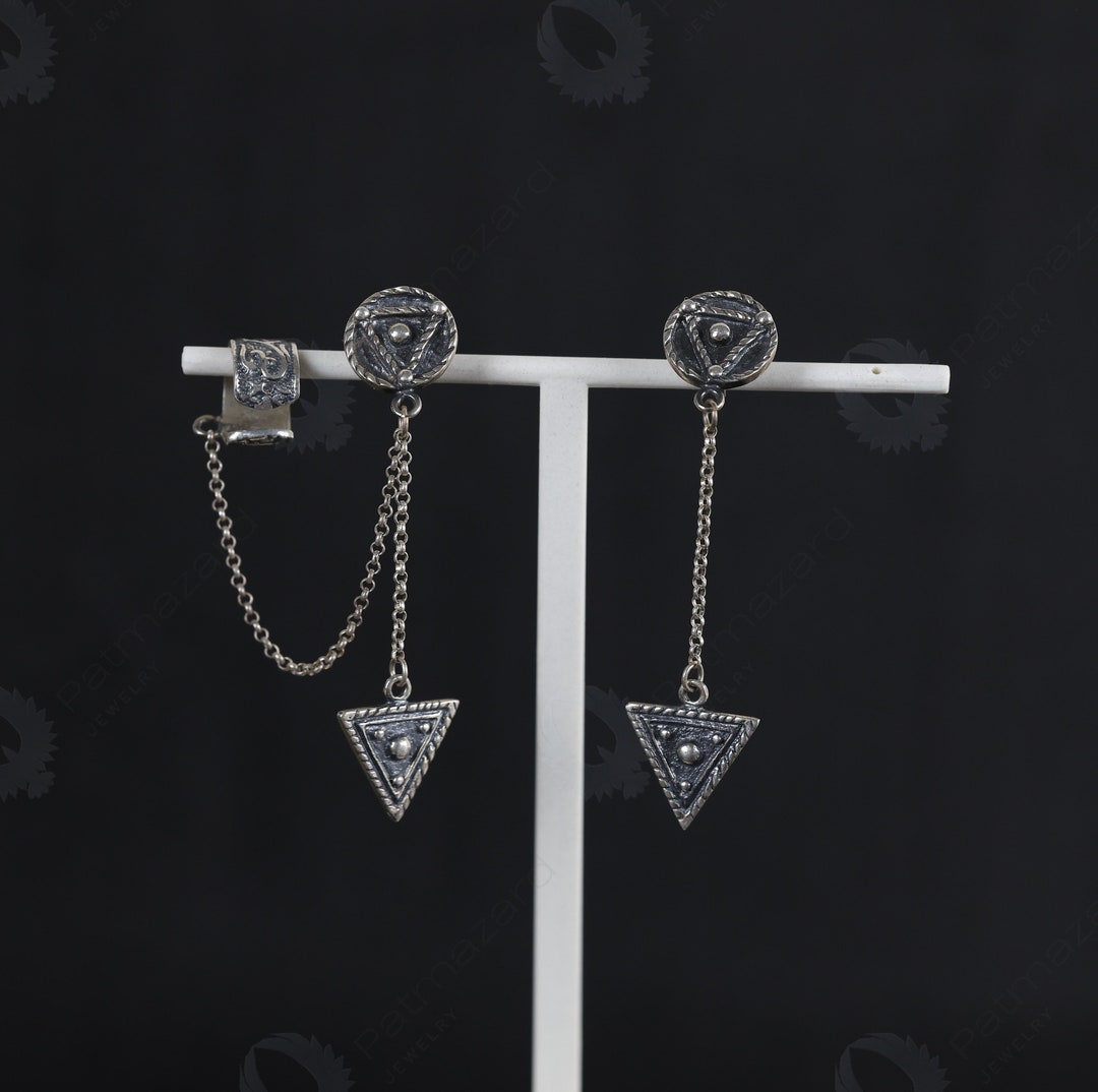 Triangle-circle Ear Cuff Chain Silver Earrings Handmade / Armenian Vintage / Handcrafted Jewelry ...