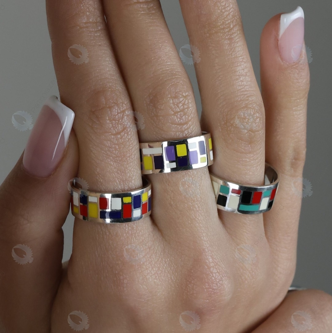 Colorful Squares Enamel Silver Ring | Multicolor Enamel Geometric ...