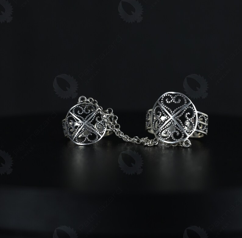 Double Rings Hearts /chains Linked Stacking Rings /two Silver Rings ...