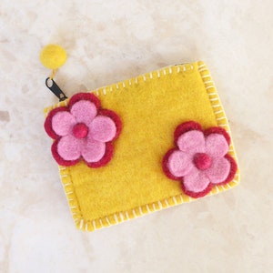 Yellow & Pink Double Flower Felt Purse • Handmade Cute Funky Coin Pouch ...