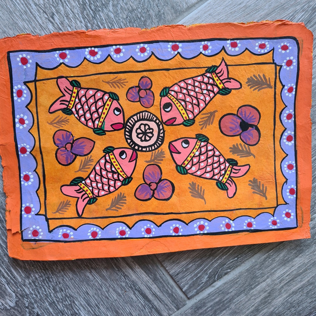 Orange Madhubani Art From Nepal • Small Mithila Painting - Etsy