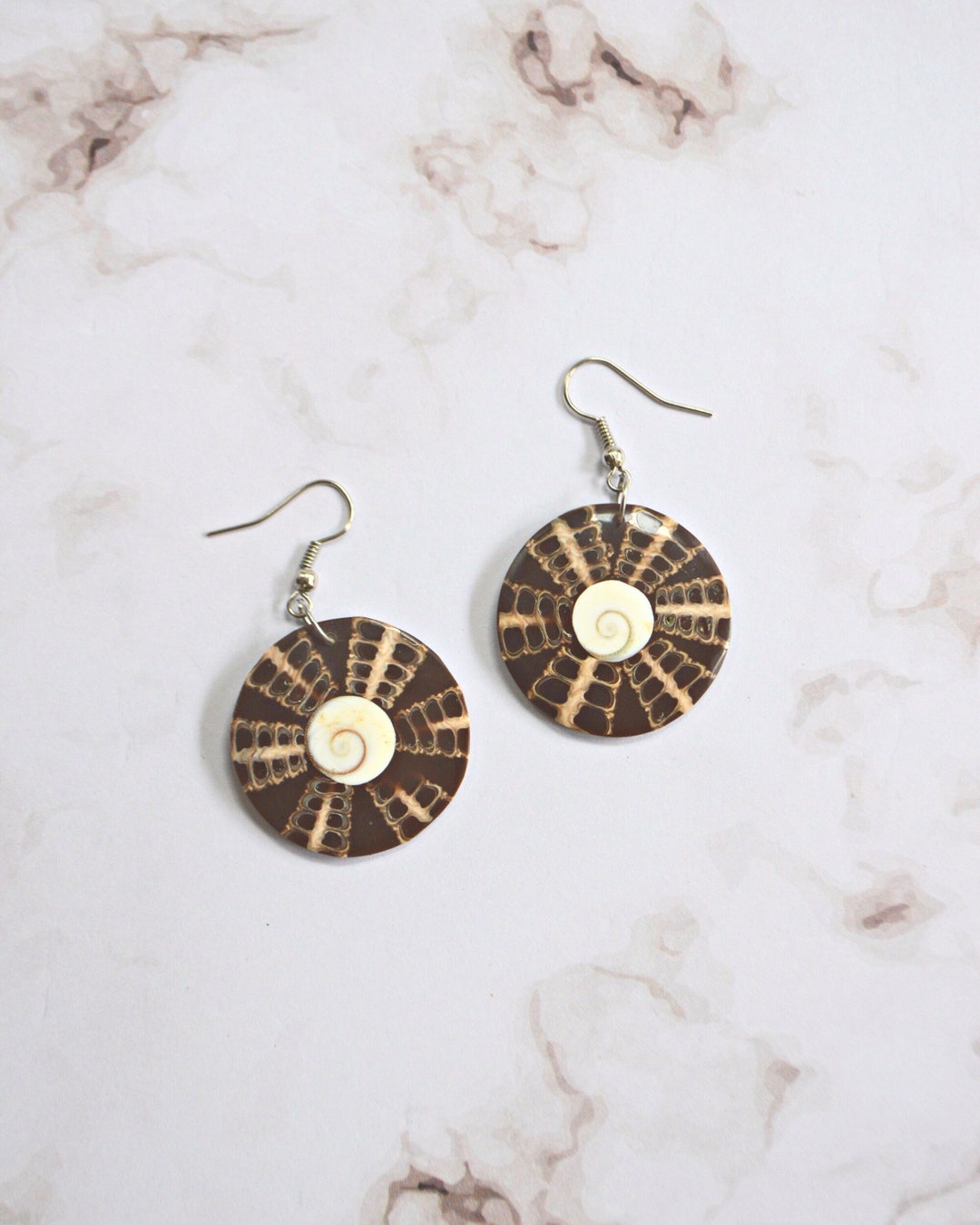 Brown Shiva Eye Spiral Shell Disc Earrings • Handmade in Bali - Etsy