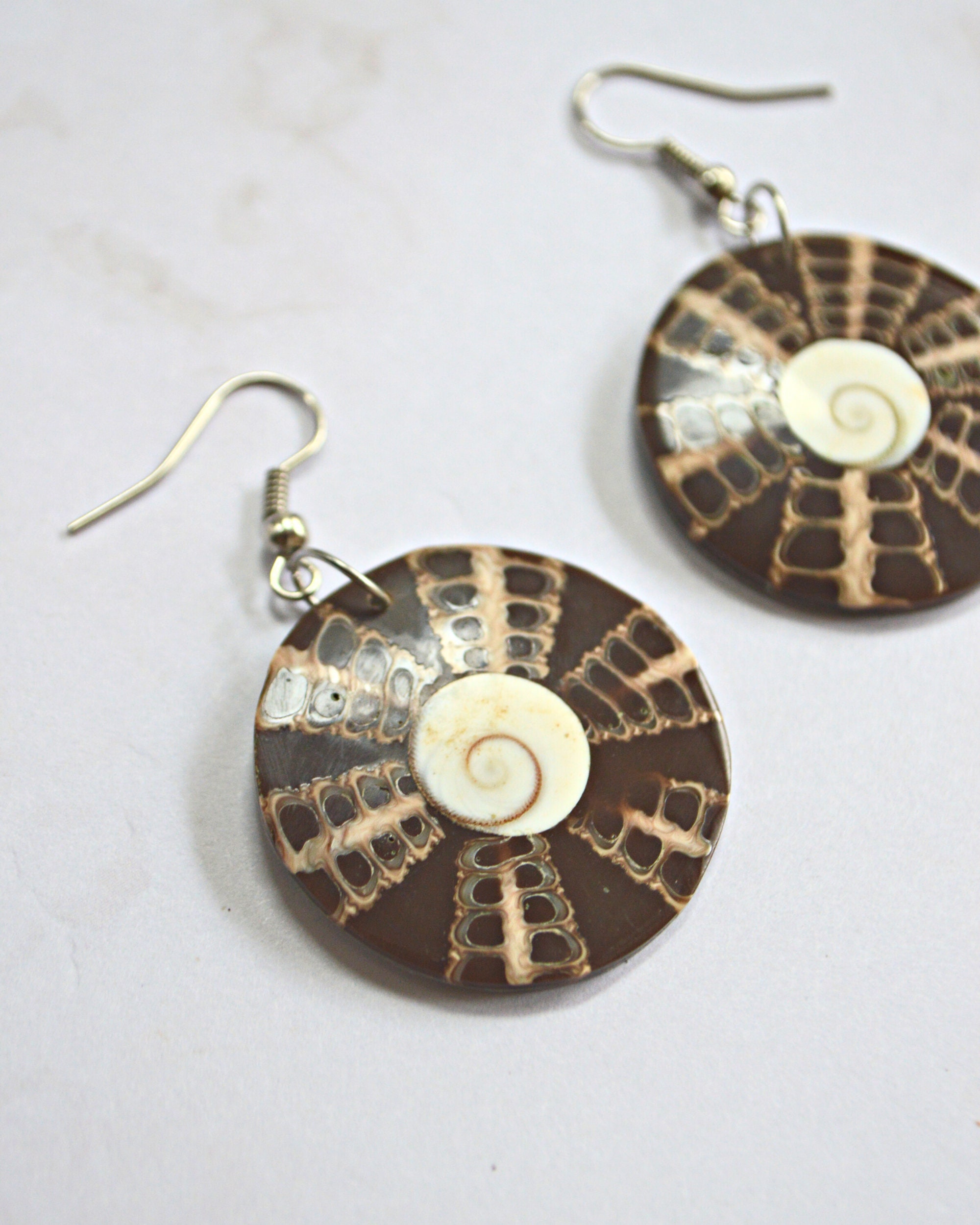 Brown Shiva Eye Spiral Shell Disc Earrings Handmade in Bali - Etsy