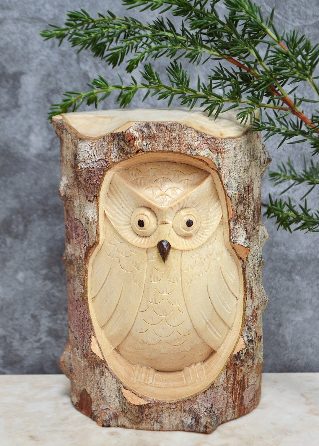 Owl Wooden Log Carving • Eco Natural Wood Wall Home Garden Hanging Tree ...