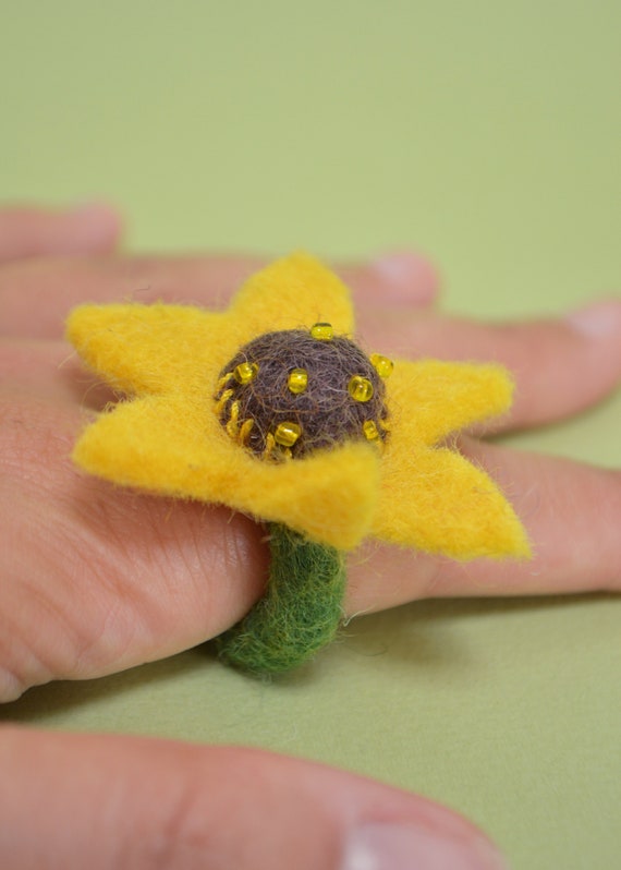 Sunflower Felt Flower Ring Handmade Cute Funky Statement | Etsy