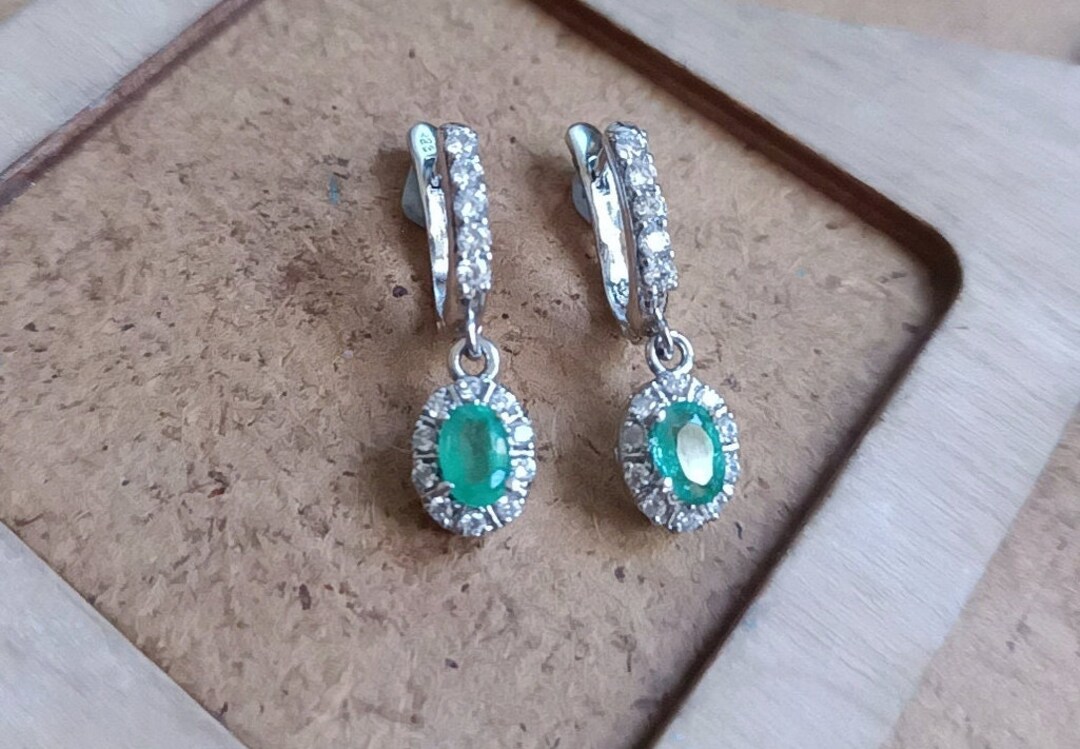 Natural Emerald Drop Earring Oval Emerald Halo Dangle Earring, 925 ...