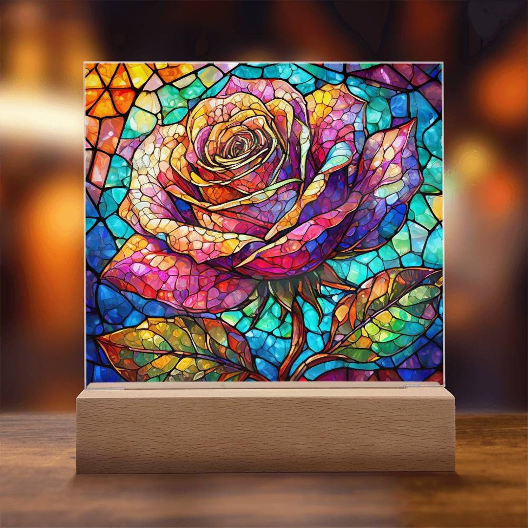 Stained Glass Acrylic Rose Plaque, Rose Lamp, June Birth Flower Gifts ...