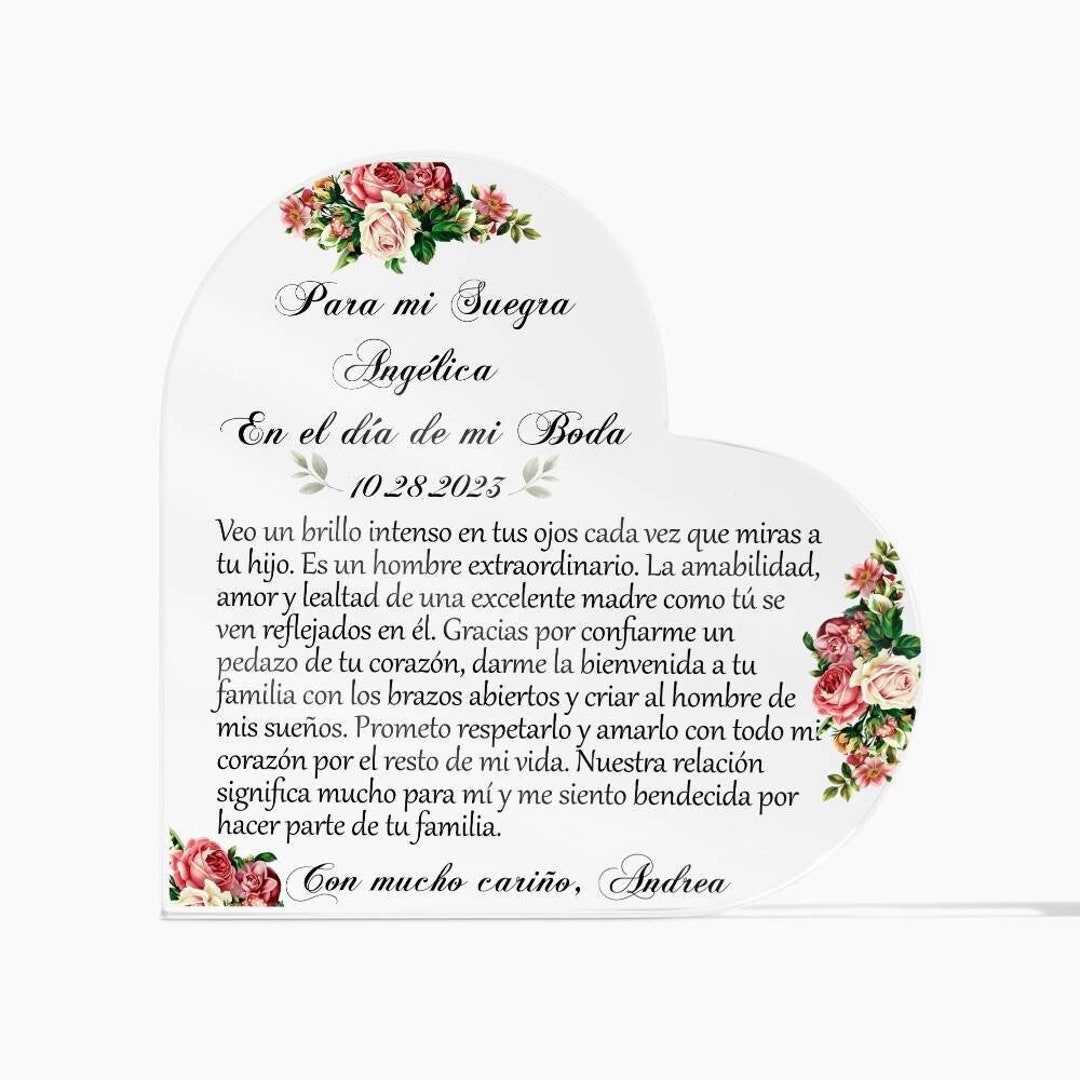 Personalized Spanish Mother-in-law Wedding Gift, Acrylic Heart Plaque ...