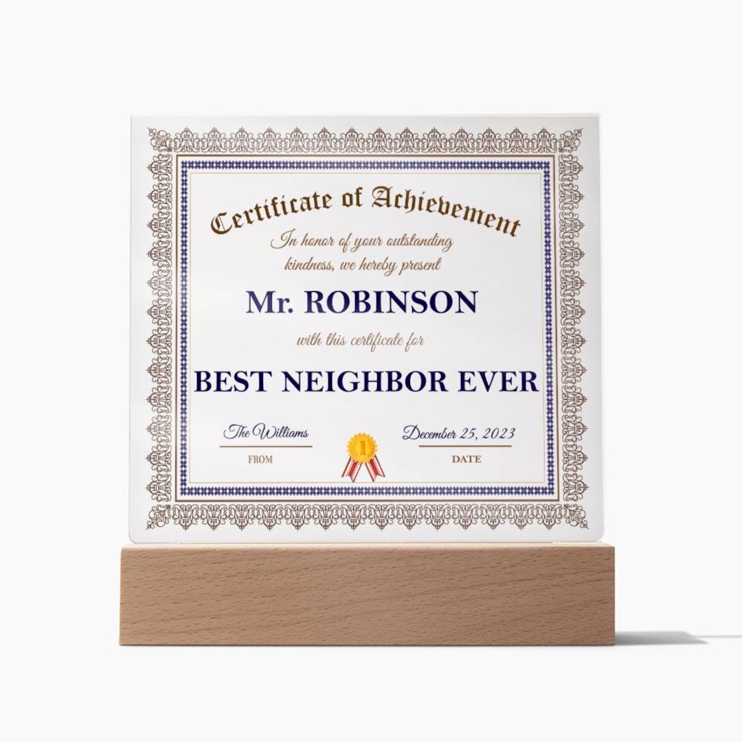 Best Neighbor Ever Award Certificate Custom Acrylic Plaque - Etsy