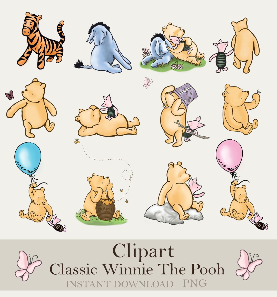 Classic Winnie the Pooh PNG Clipart Bundle, Printable Pooh Bear Tigger, Instant Digital Download ...
