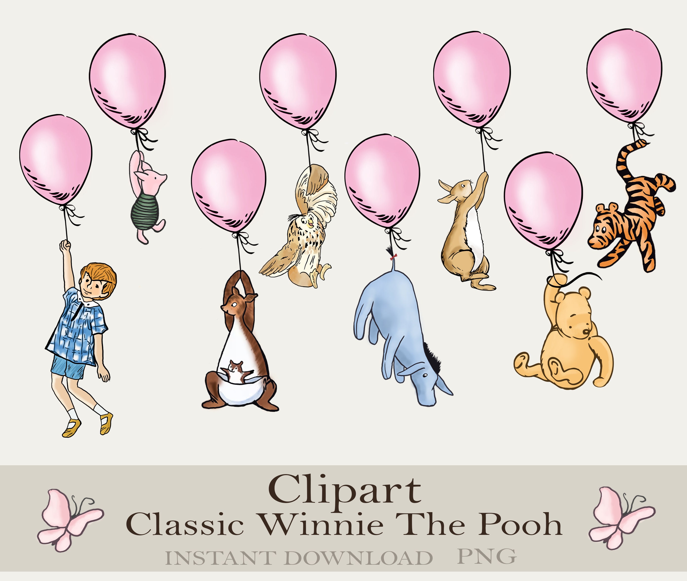 Pink Balloon Classic Winnie the Pooh PNG Clipart Bundle, Hanging ...