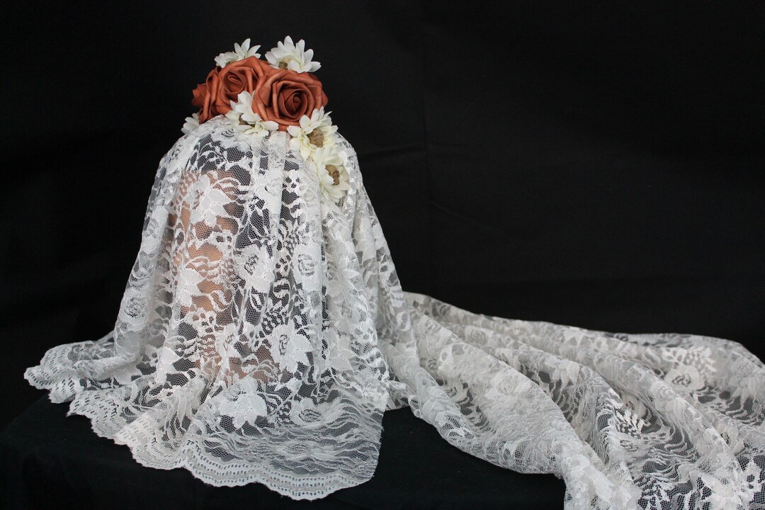 Gothic Ivory Lace Wedding Veil With Rust Colored Roses and Ivory Daises ...