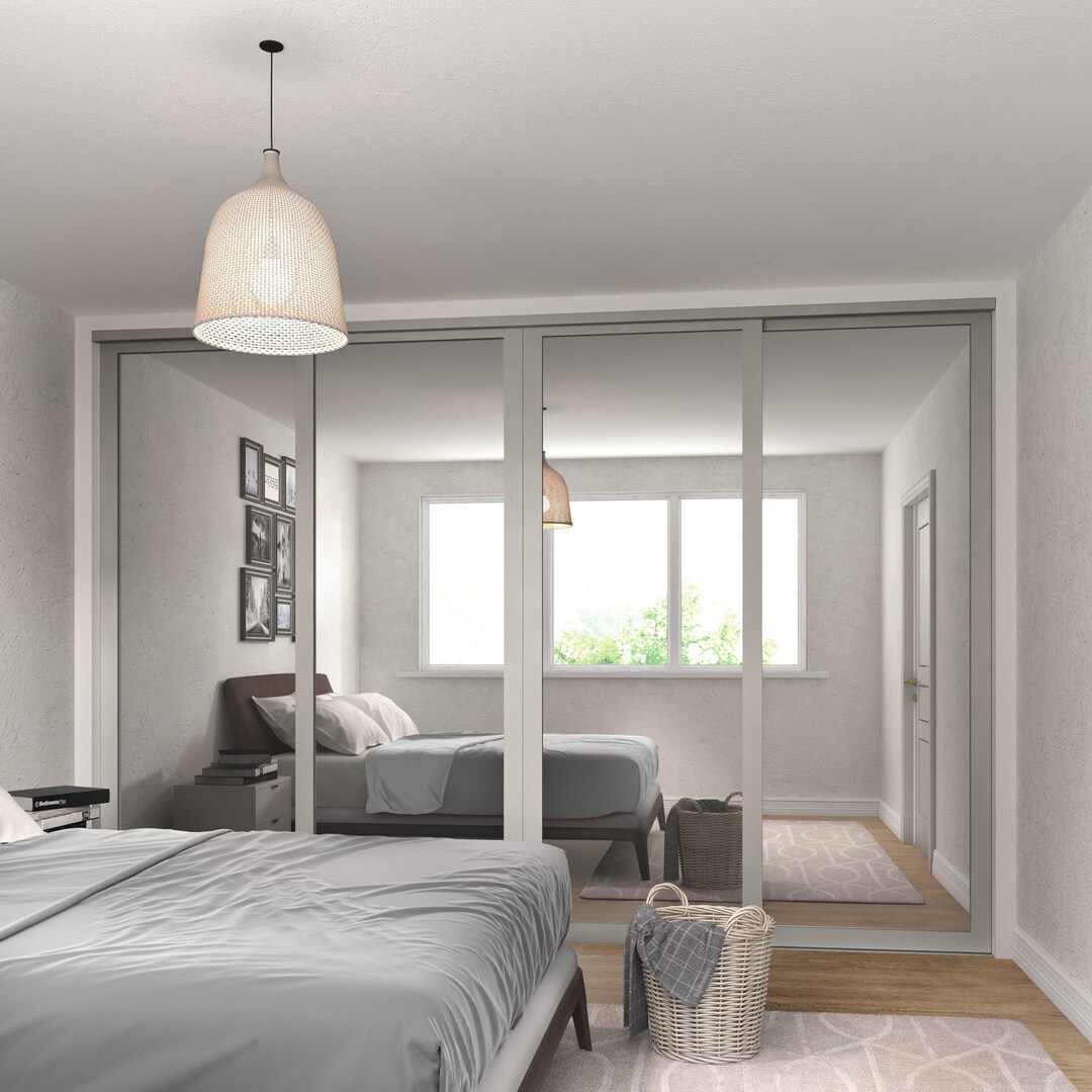 Light Grey Shaker Sliding Wardrobe Door Kit – Full Panel Mirror, Made ...