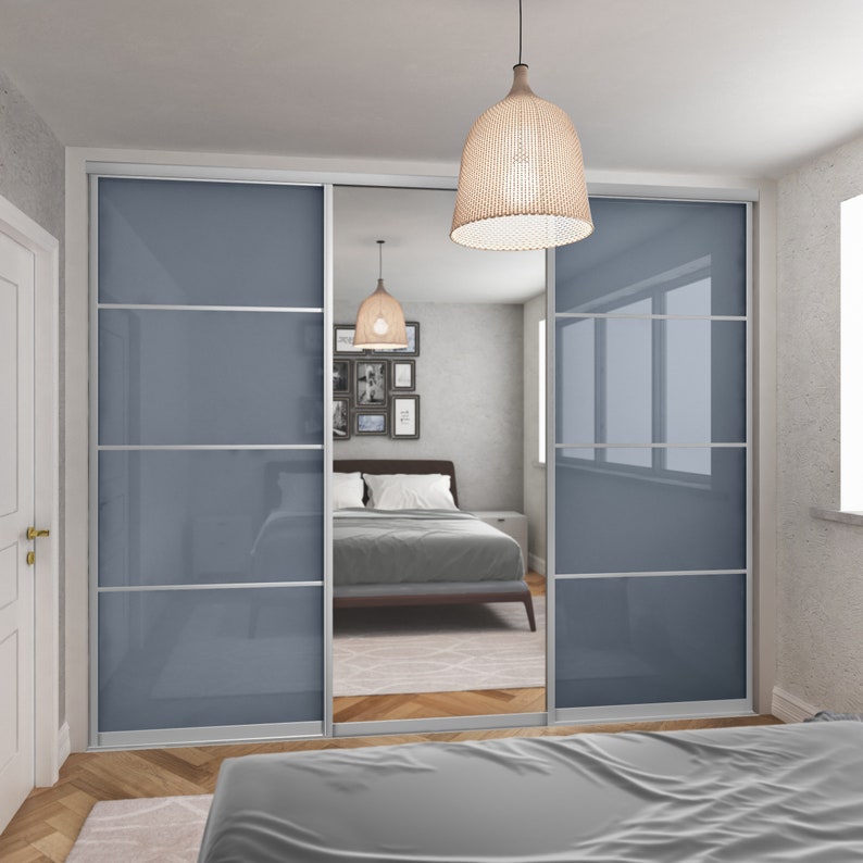 Satin Silver Sliding Wardrobe Door Kit – Mirror & Blue Shadow Glass ...