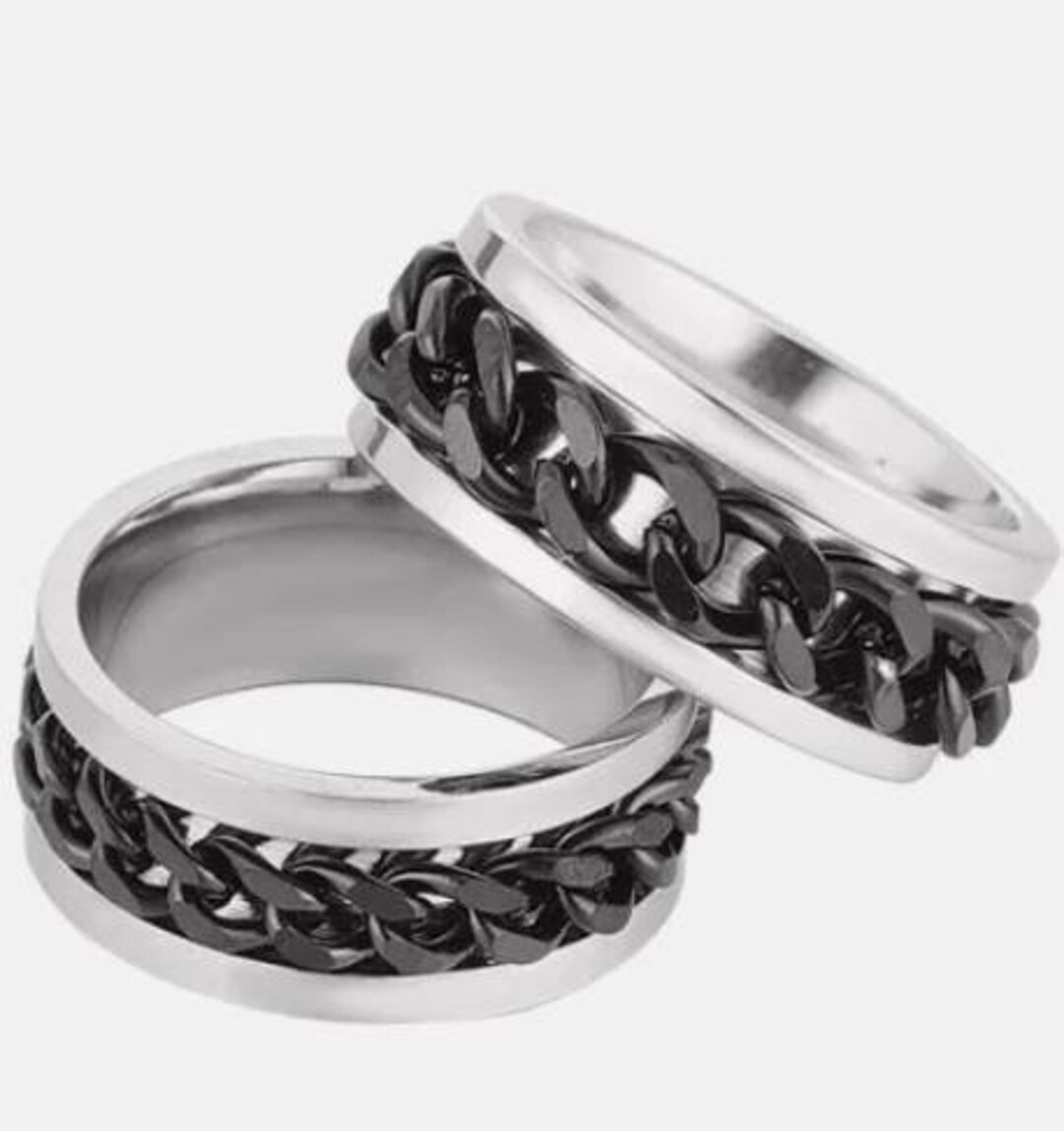 Stainless Steel Black Chain Detail Spinner Rings - Etsy