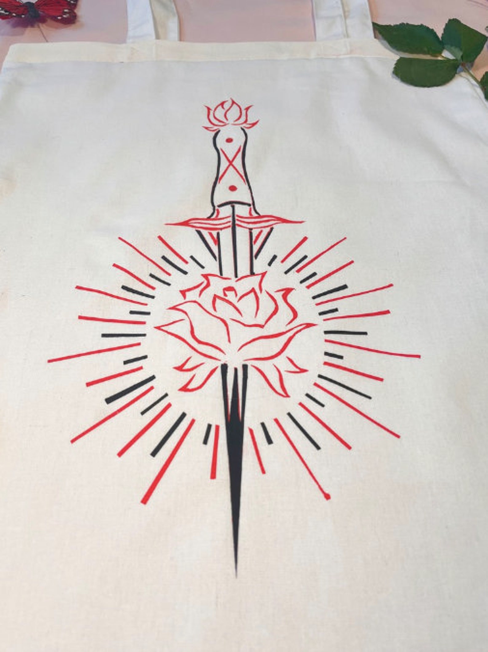 Red and Black Dagger and Rose Design Hand Screen Printed Onto - Etsy