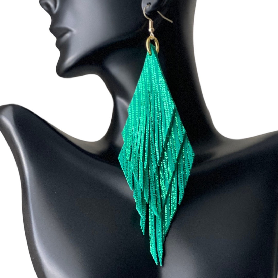 Long Green Leather Statement Earrings Boho Chic Jewelry Sparkly ...