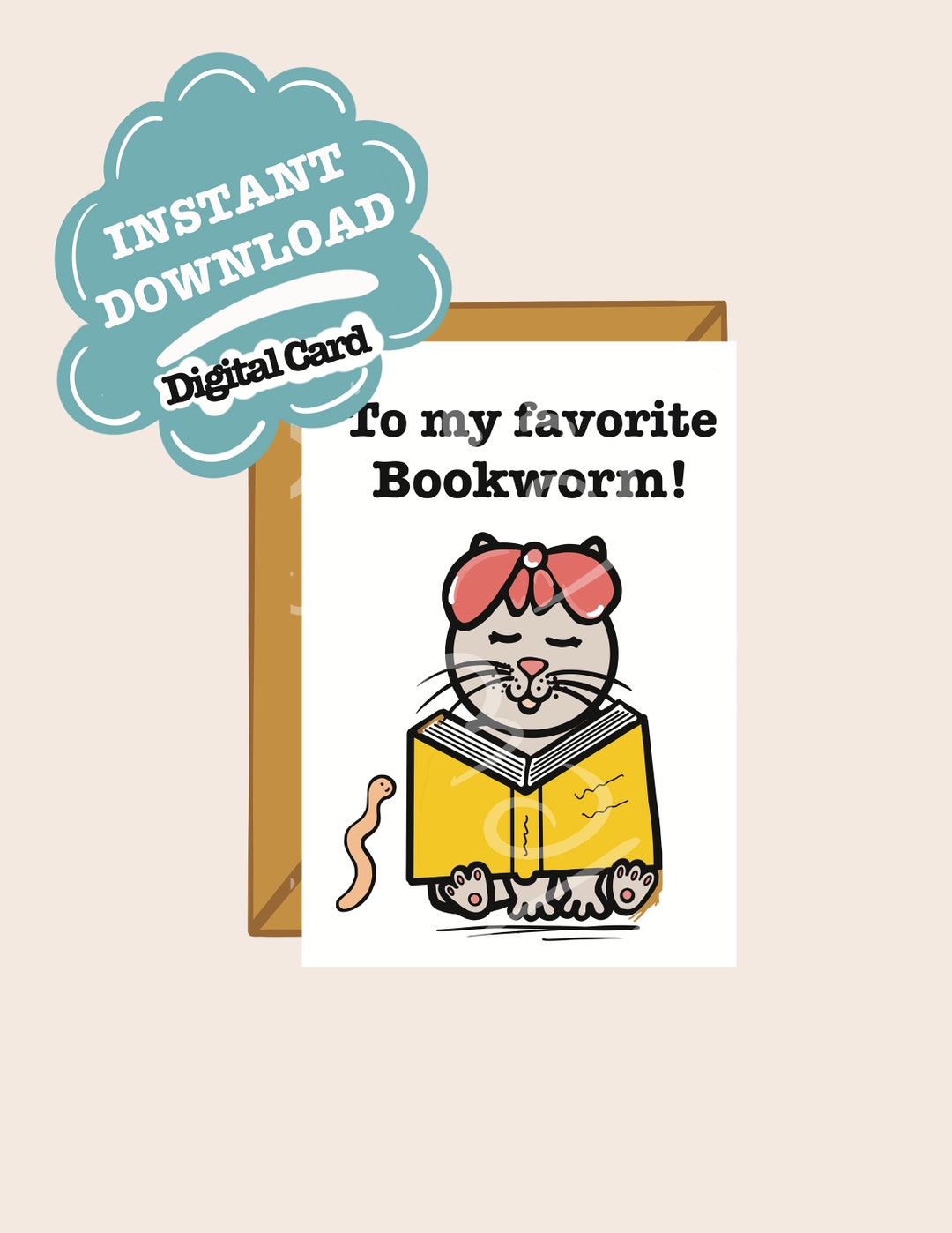 Book Worm Card, PRINTABLE Card, Funny Printable, DIGITAL DOWNLOAD Card ...