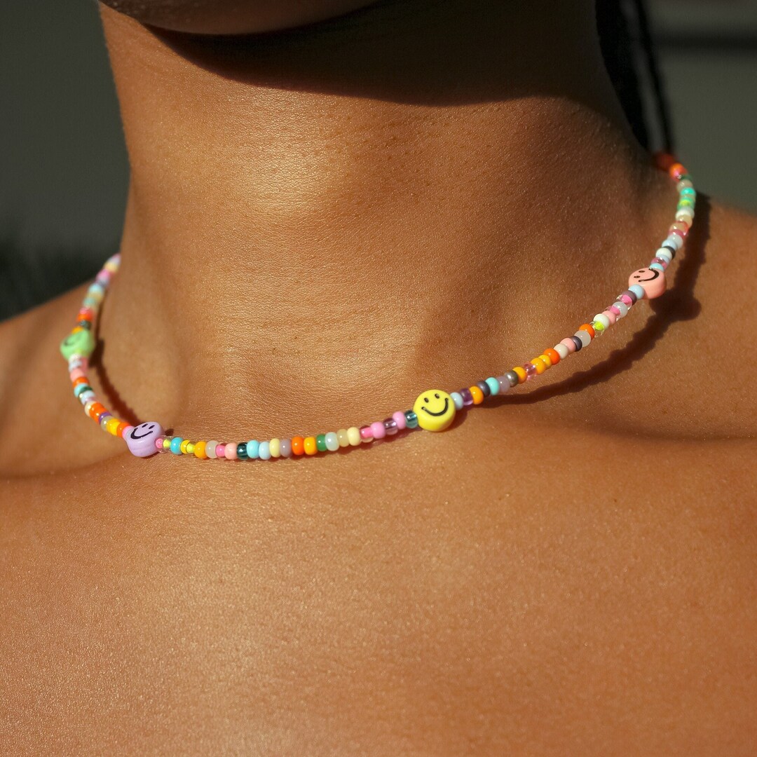 Pearl Necklace With Colourful Smiles, Colourful Beaded Necklace, Happy ...
