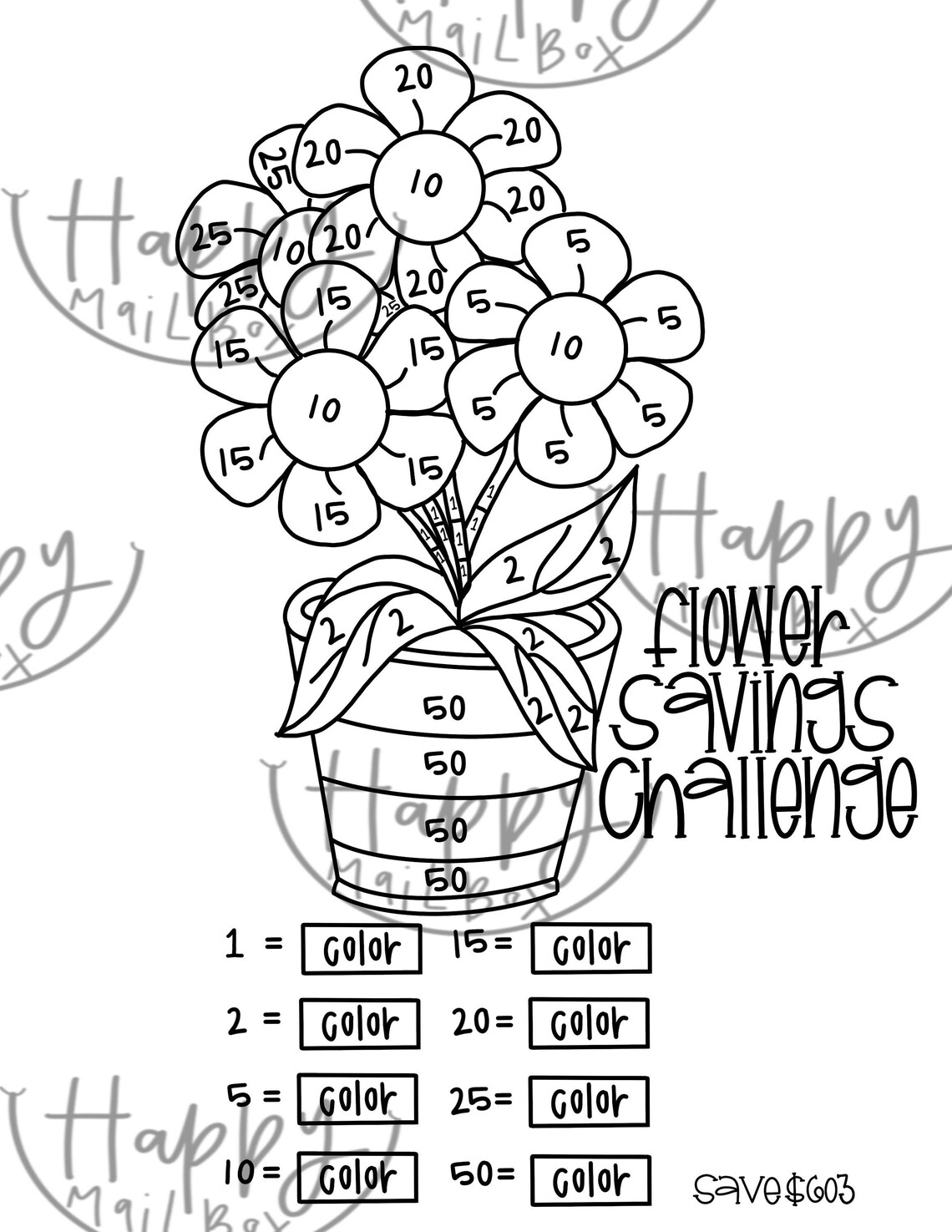 Flower Power Color by Number Flower Savings Challenge | Etsy